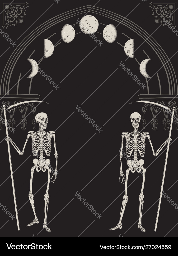 Grim reapers with scythes gothic frame Royalty Free Vector