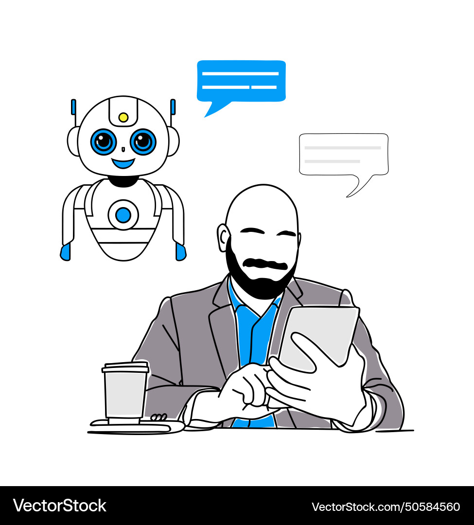 Business man chatting with chat bot outline Vector Image