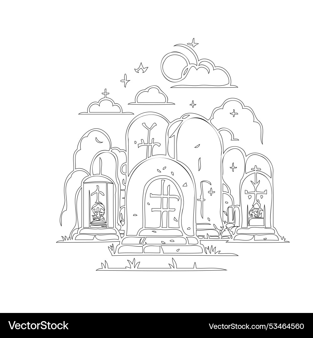 Scary graveyard outline sketch Royalty Free Vector Image