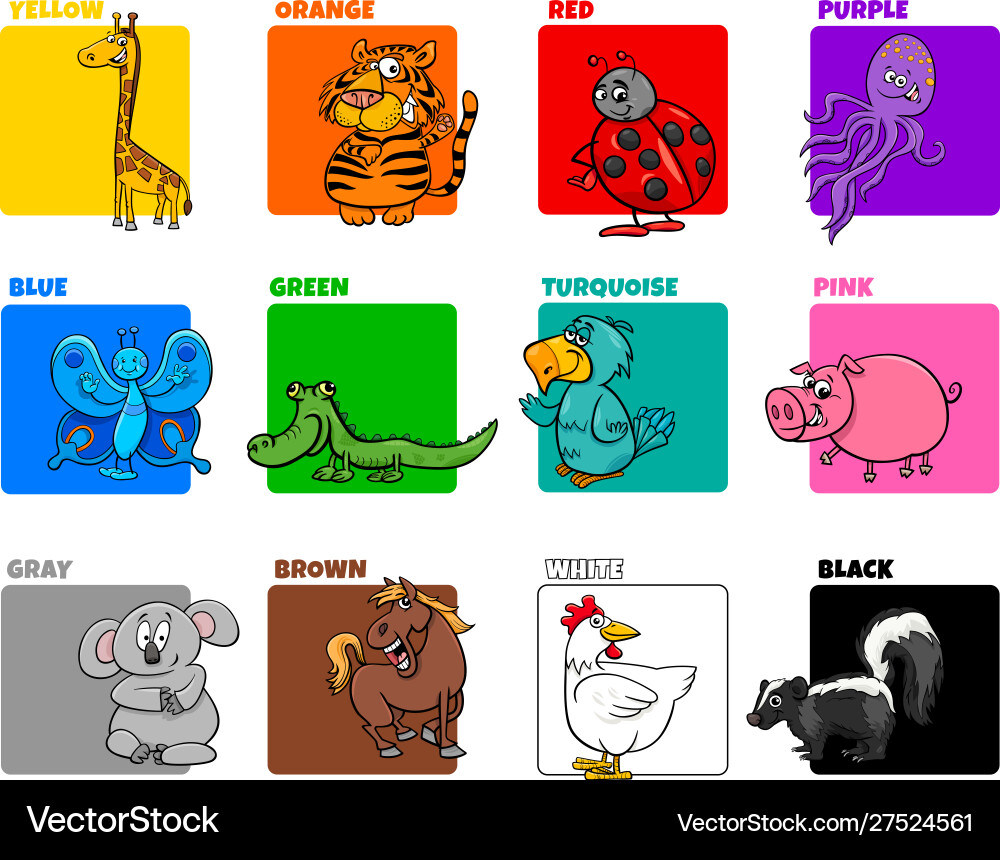 Basic colors set with cartoon animal characters Vector Image