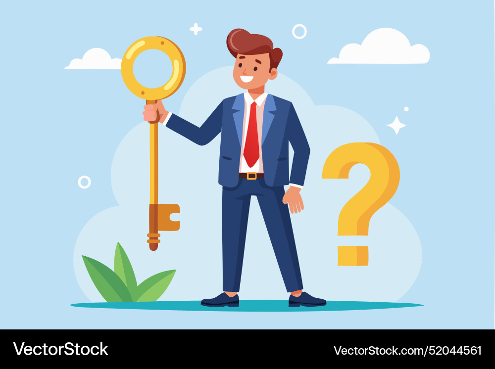 Businessman holding key with question mark Vector Image