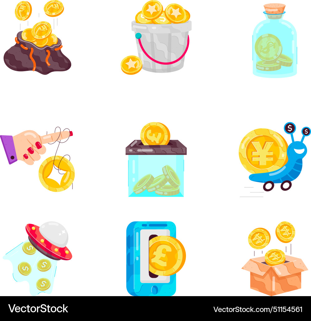 Gold coins flat stickers Royalty Free Vector Image