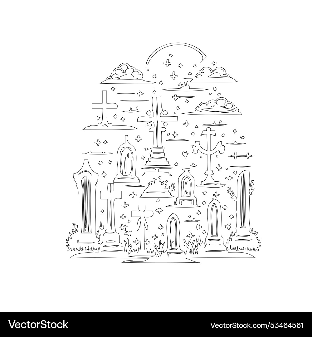 Scary graveyard outline sketch Royalty Free Vector Image