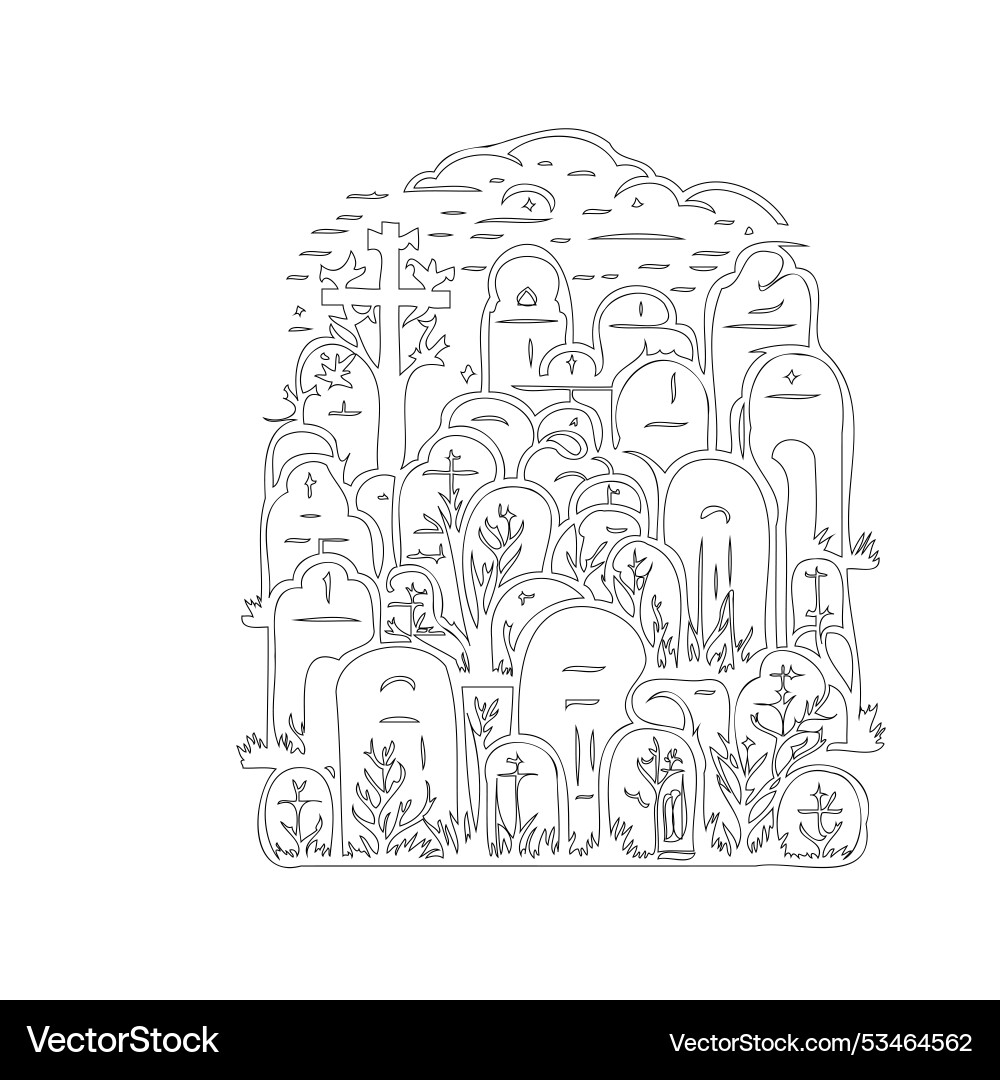 Scary graveyard outline sketch Royalty Free Vector Image