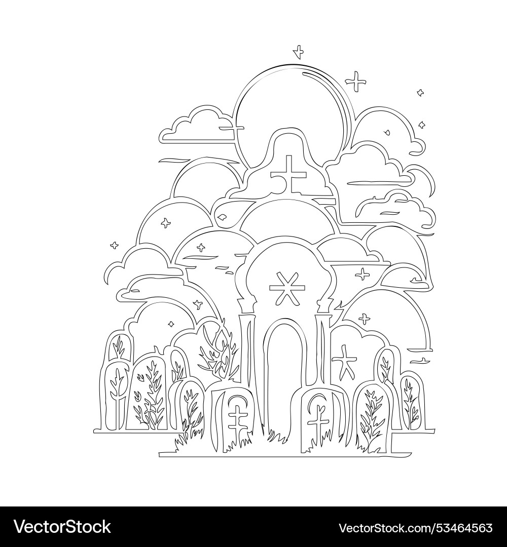 Scary graveyard outline sketch Royalty Free Vector Image