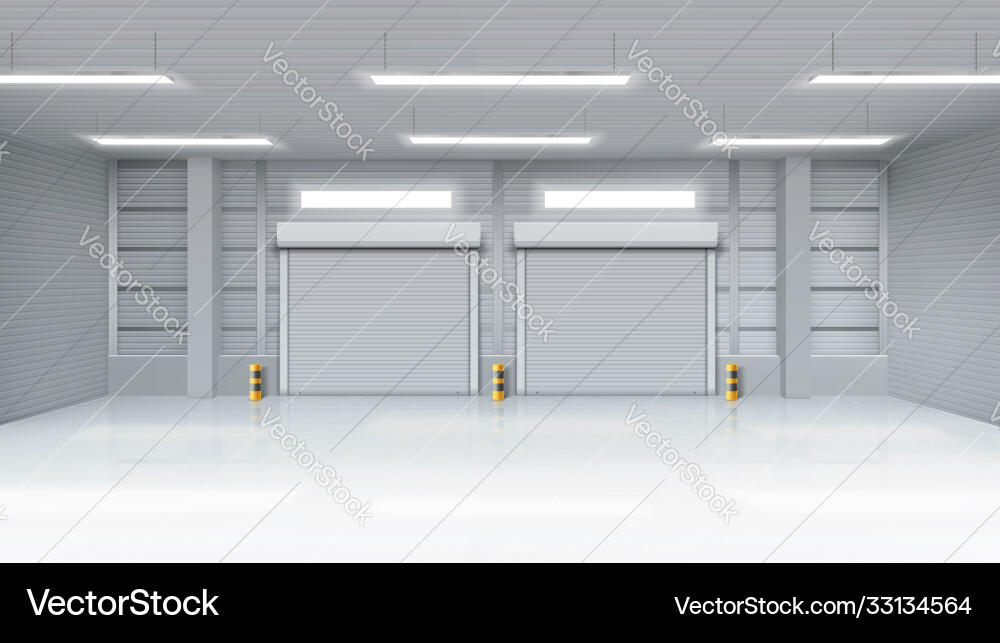 Empty warehouse interior with shatter roll gates Vector Image