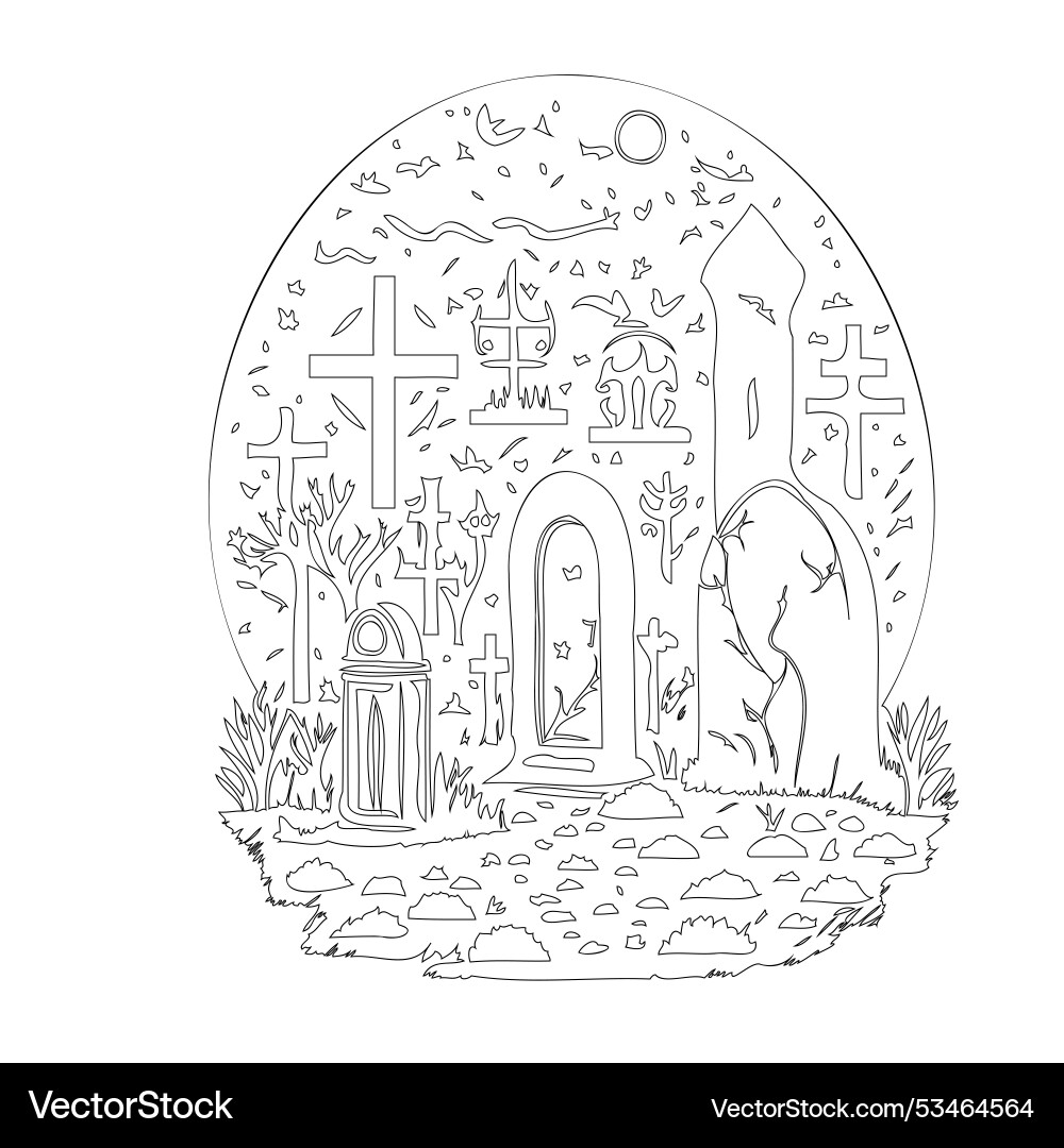 Scary graveyard outline sketch Royalty Free Vector Image