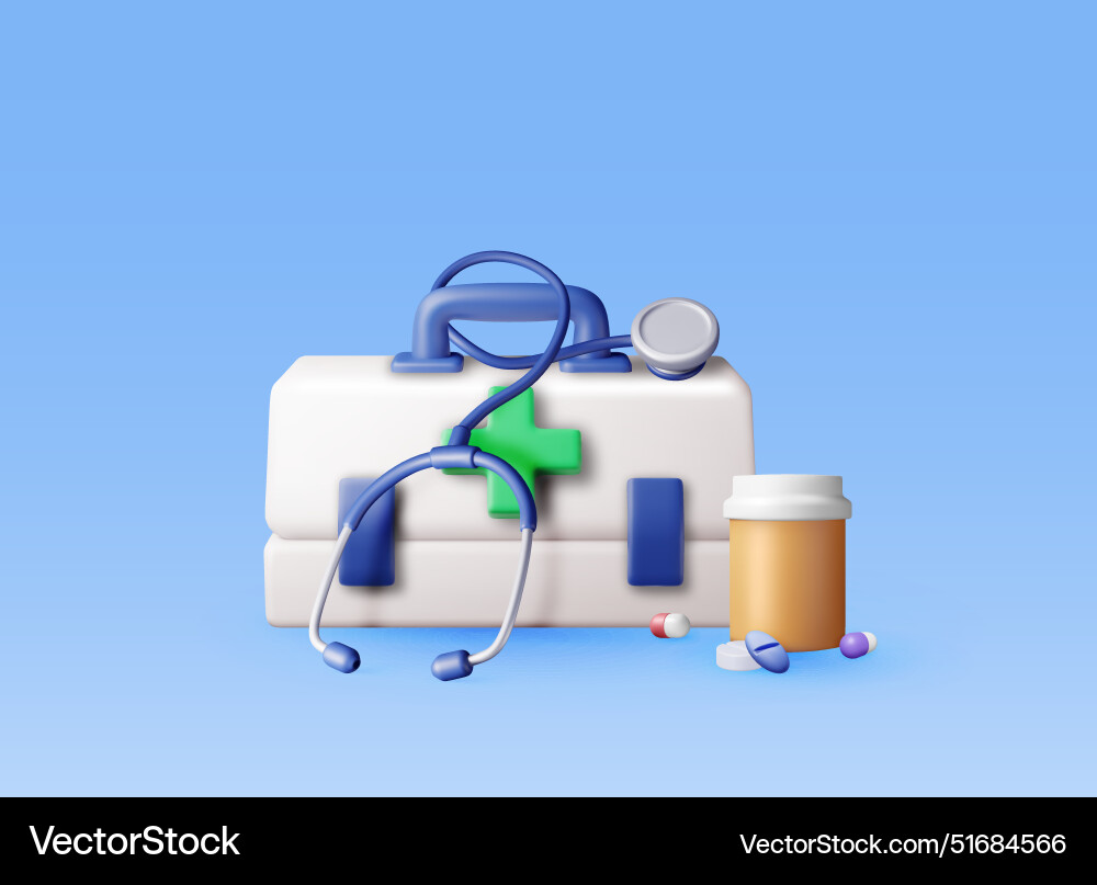 3d first aid kit with stethoscope pill container Vector Image