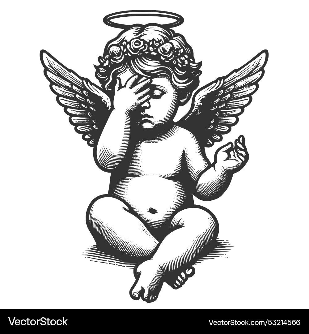 Facepalming Cherub Engel Gravur Skizze Lizenzfreier Vektor