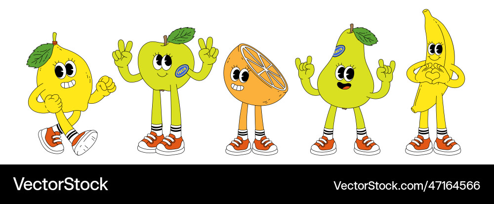 Fruit retro funky cartoon characters comic mascot Vector Image