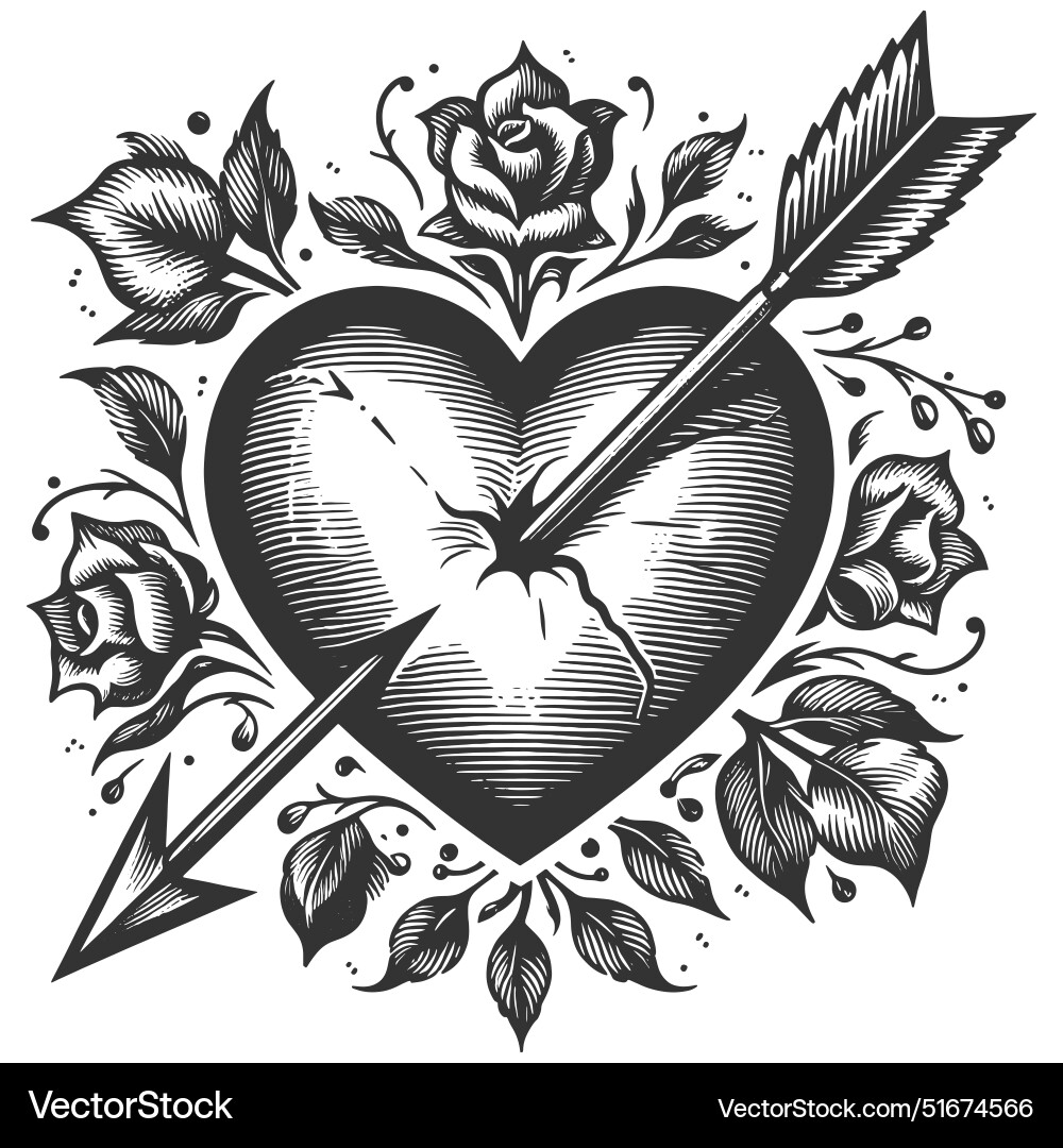 Pierced Heart with Arrow - Engraved Style Vector Image