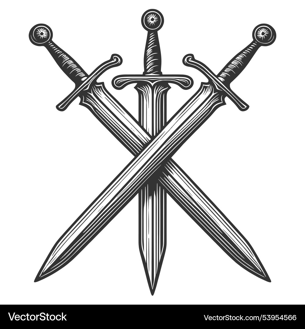 Three crossed medieval swords engraving Royalty Free Vector