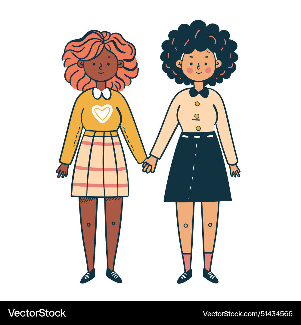 Two smiling young women holding hands one red Vector Image