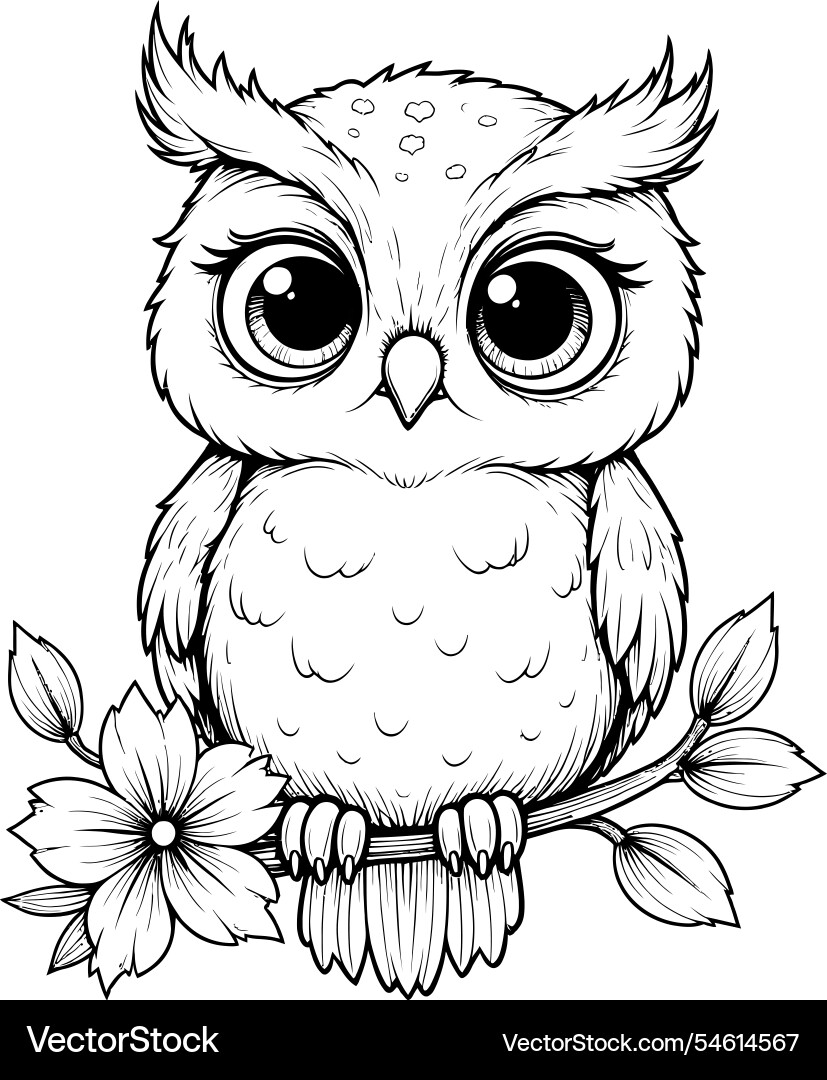 Cute owl sitting on tree branch coloring pages Vector Image