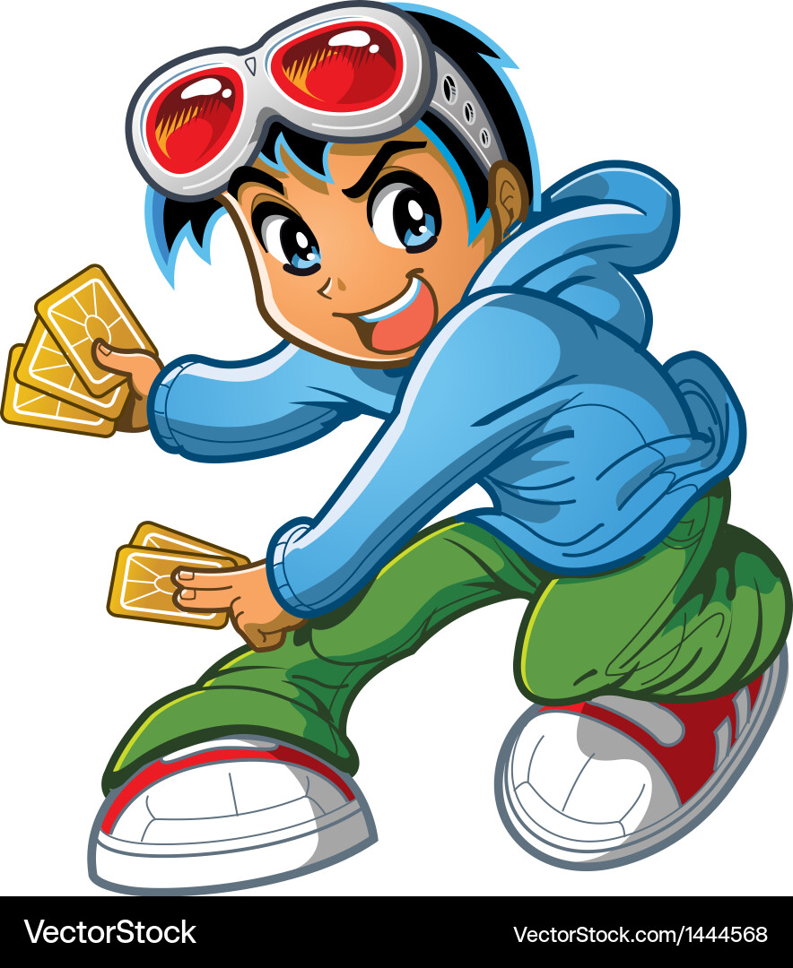 Anime manga boy playing card game Royalty Free Vector Image