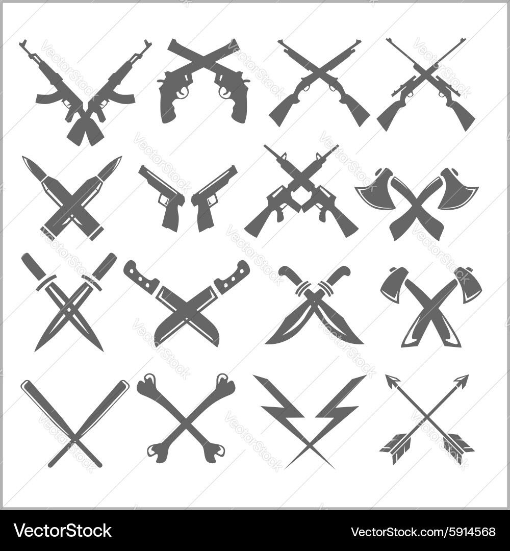 Crossed weapons collection in white Royalty Free Vector