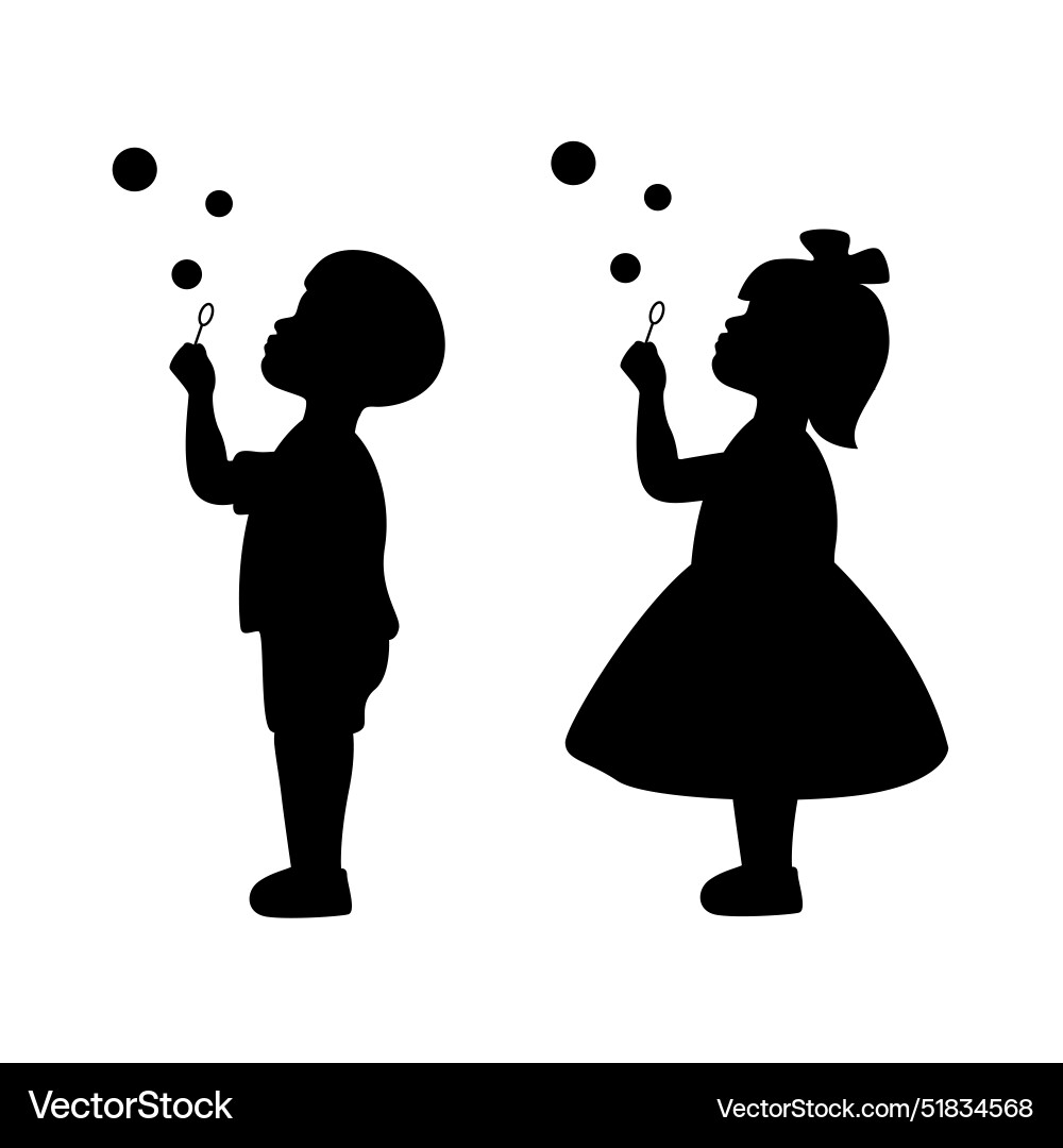 Silhouette of little girl and boy blows bubble Vector Image