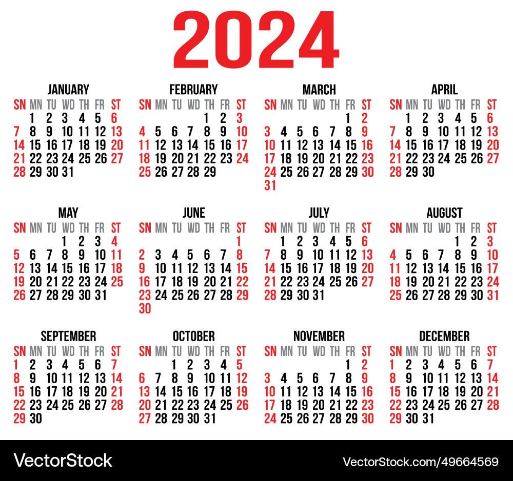 Calendar 2024 template planner year Royalty Free Vector
