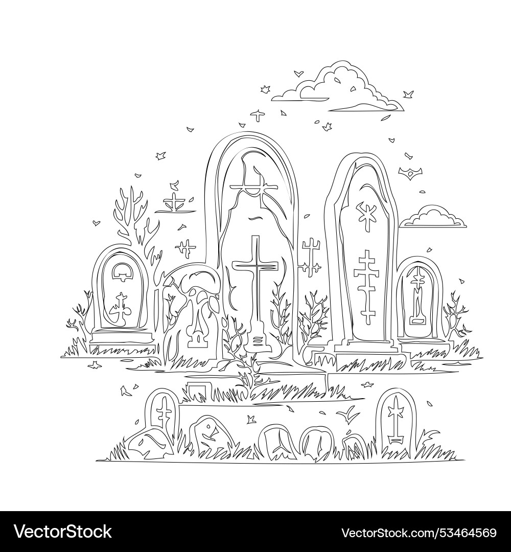 Scary graveyard outline sketch Royalty Free Vector Image