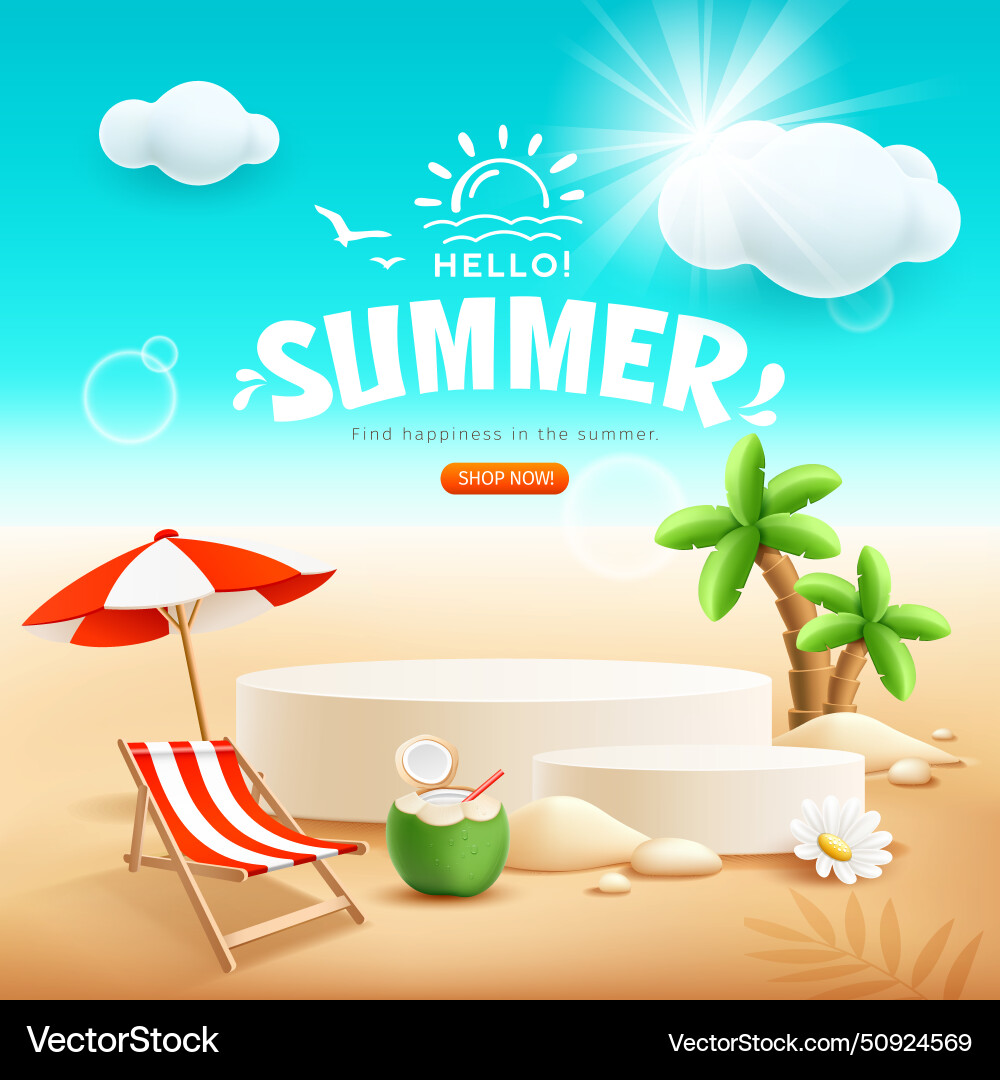 Summer podium display on sand beach background Vector Image