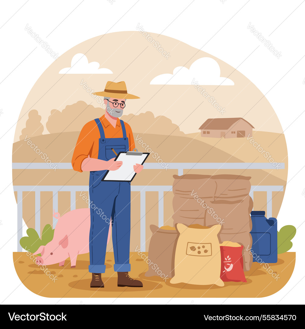 Farmer checking livestock feed inventory on farm Vector Image
