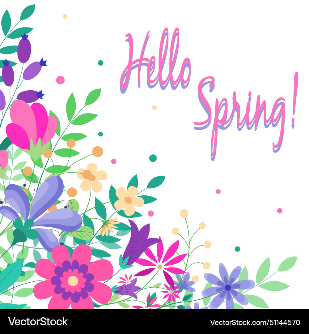 Hello spring with flowers text white background Vector Image