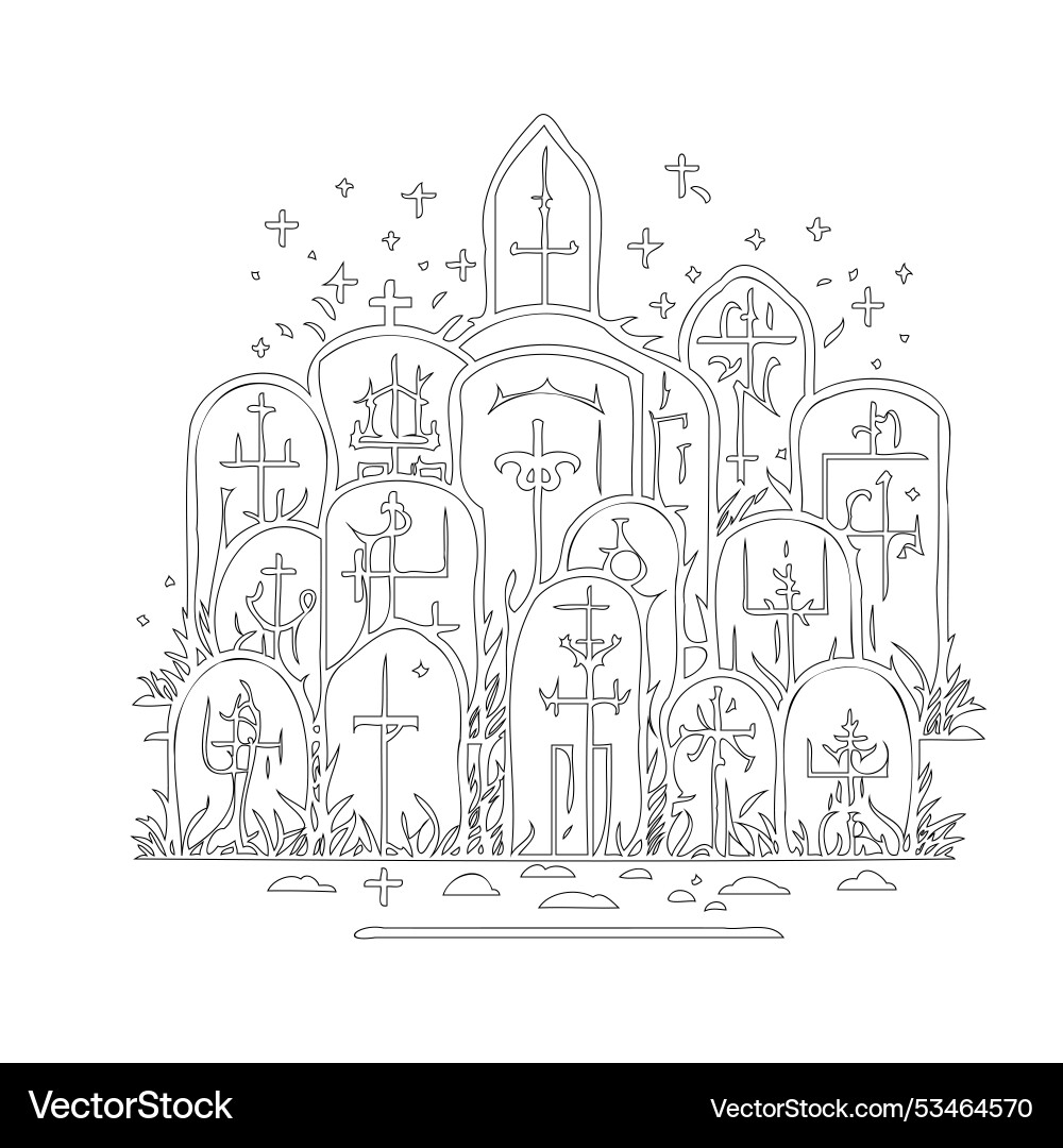 Scary graveyard outline sketch Royalty Free Vector Image