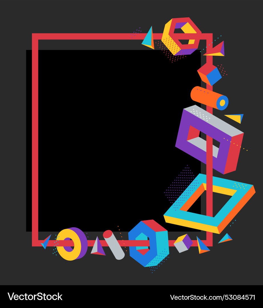 Colorful 3d shapes frame on dark background Vector Image