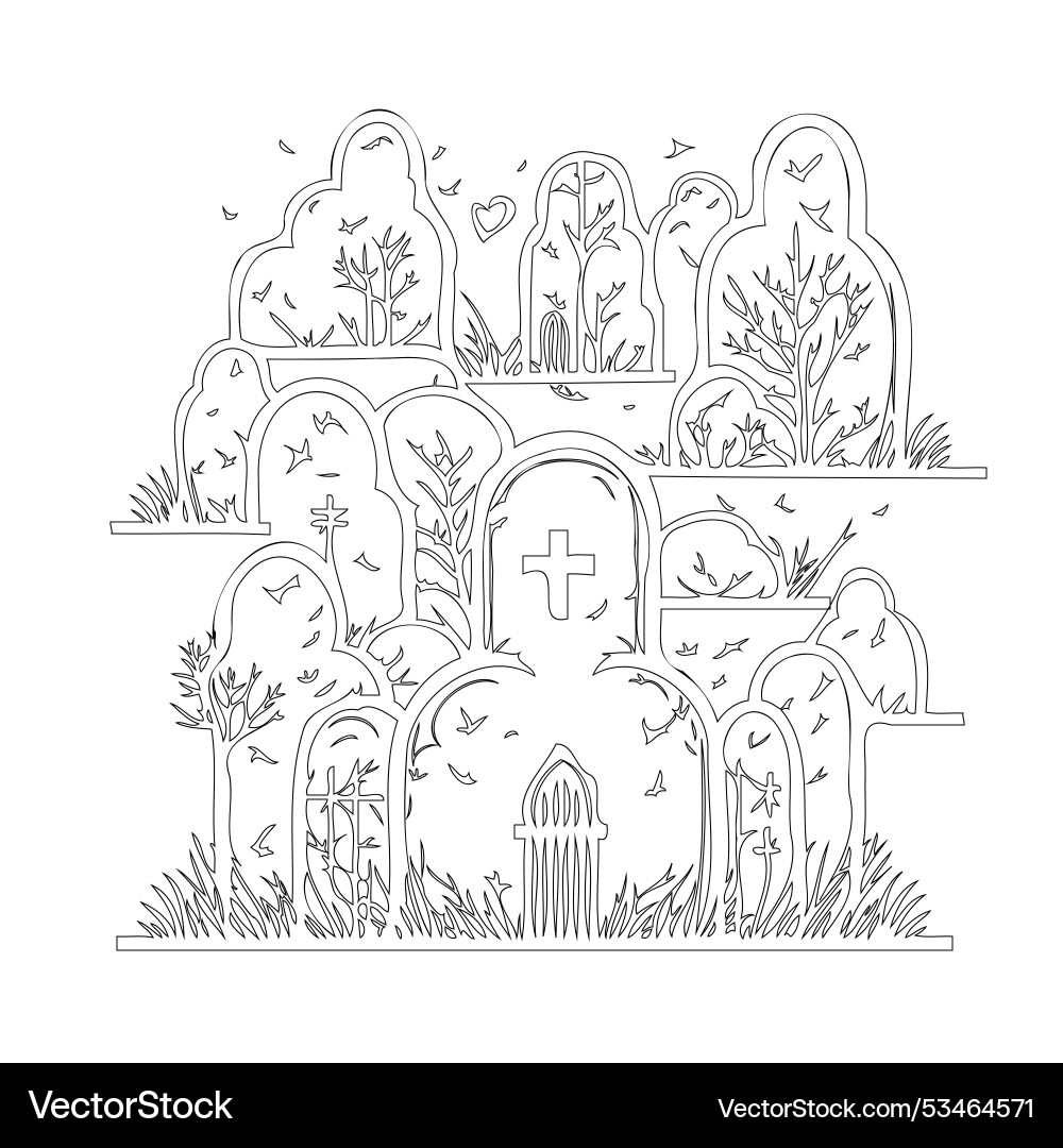 Scary graveyard outline sketch Royalty Free Vector Image