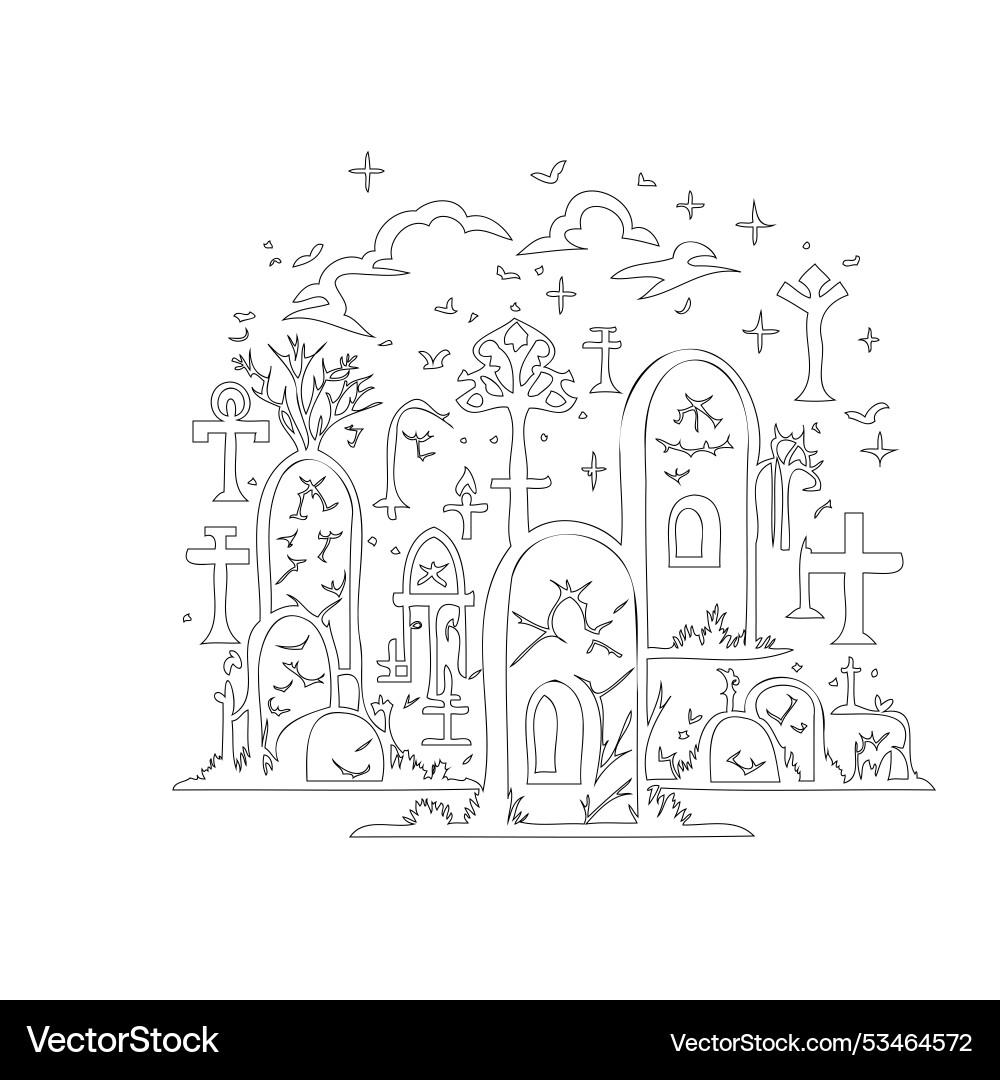 Scary graveyard outline sketch Royalty Free Vector Image