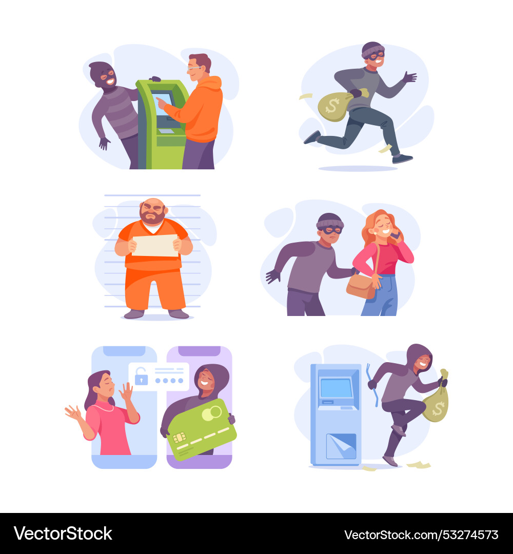 Man criminal commit crime and theft set Royalty Free Vector