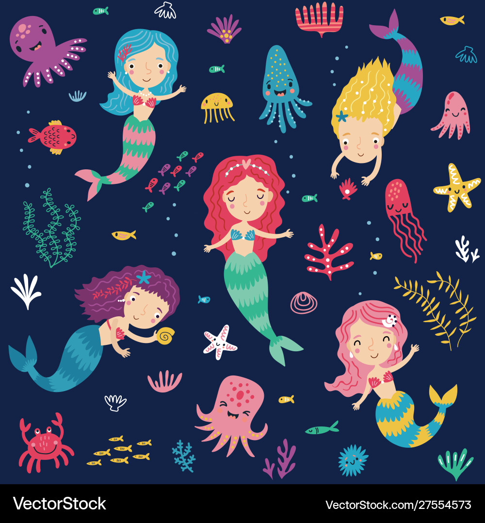 Mermaids and sea seamless pattern Royalty Free Vector Image