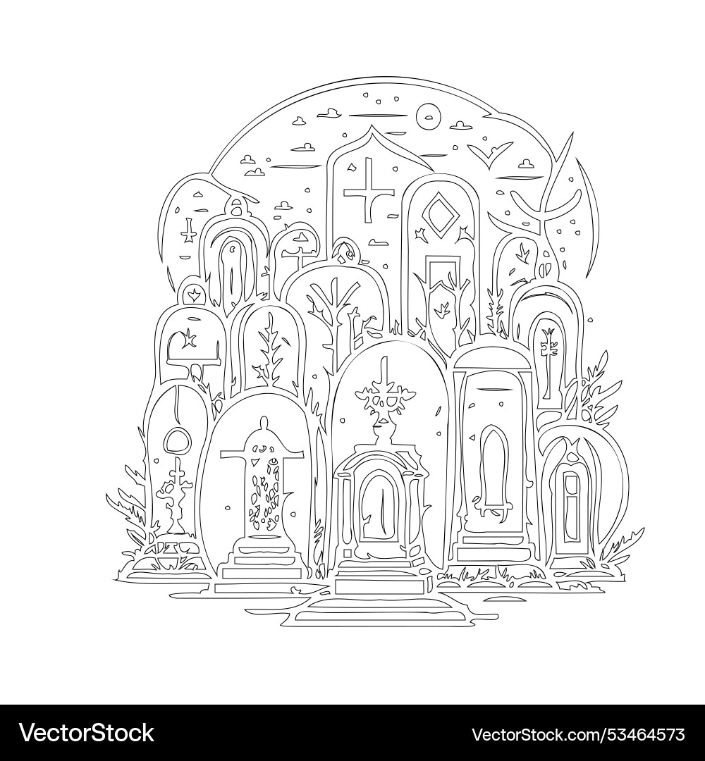 Scary graveyard outline sketch Royalty Free Vector Image
