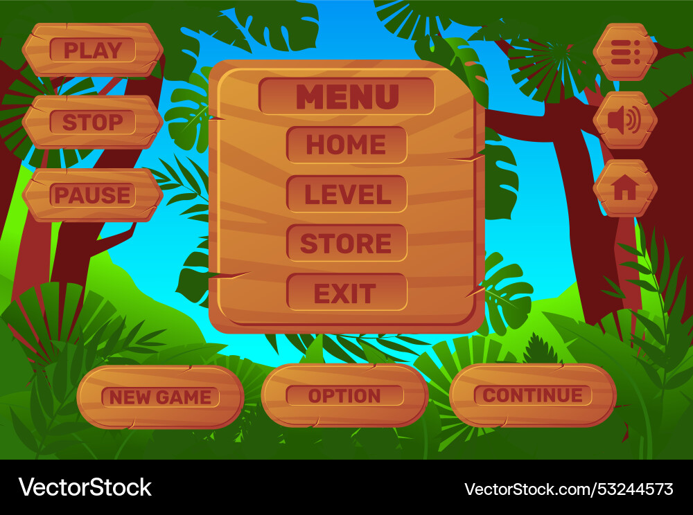 Wooden game interface cartoon playing menu Vector Image