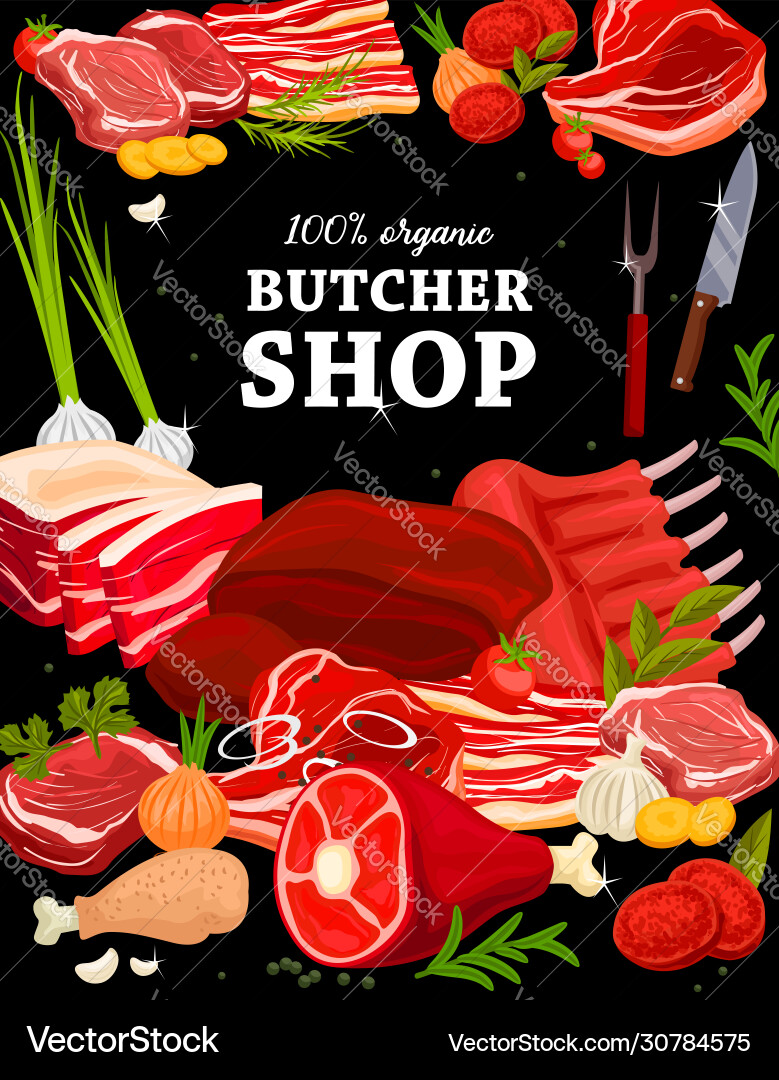 Butcher shop pork beef and mutton meat poster Vector Image