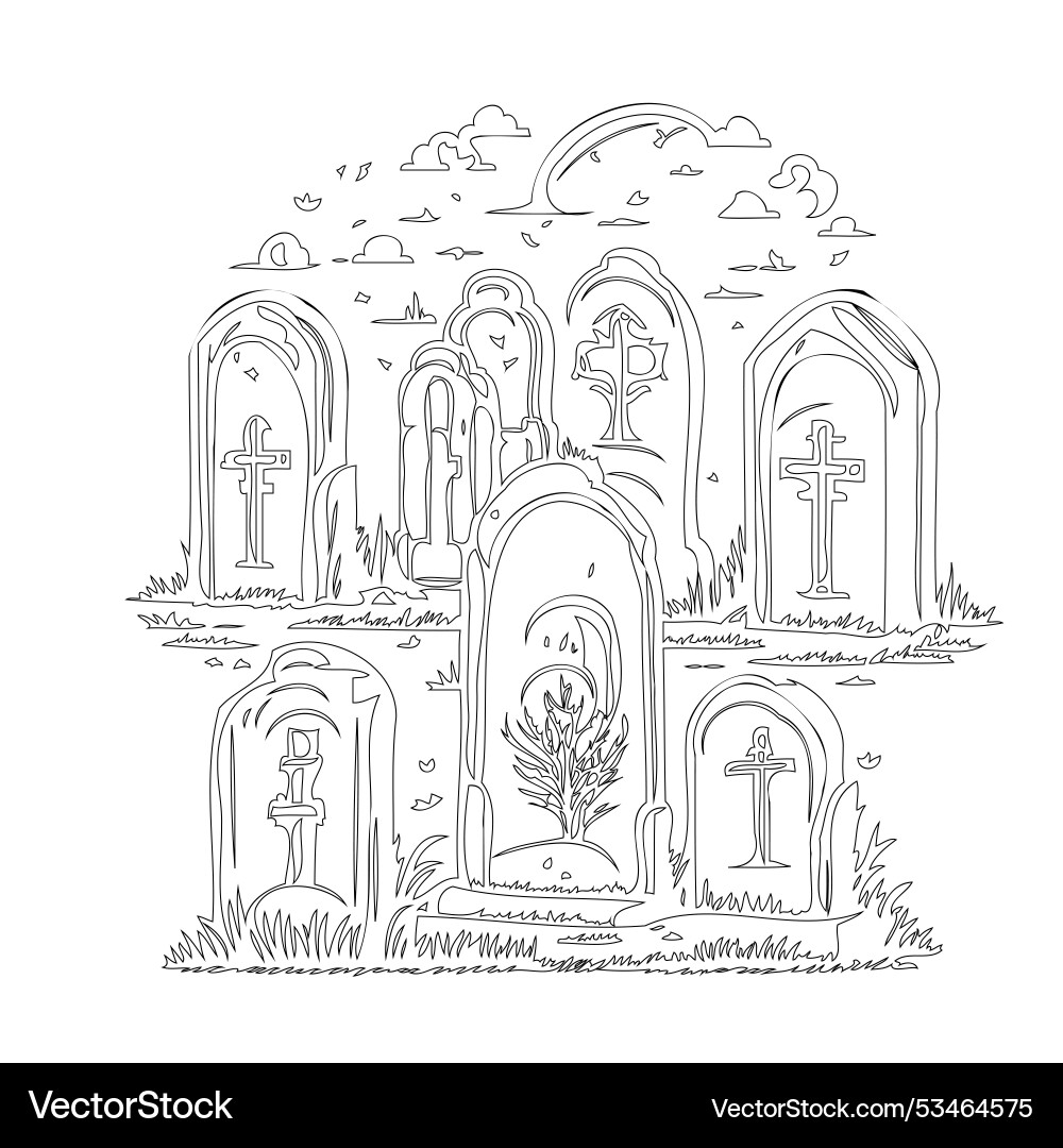 Scary graveyard outline sketch Royalty Free Vector Image