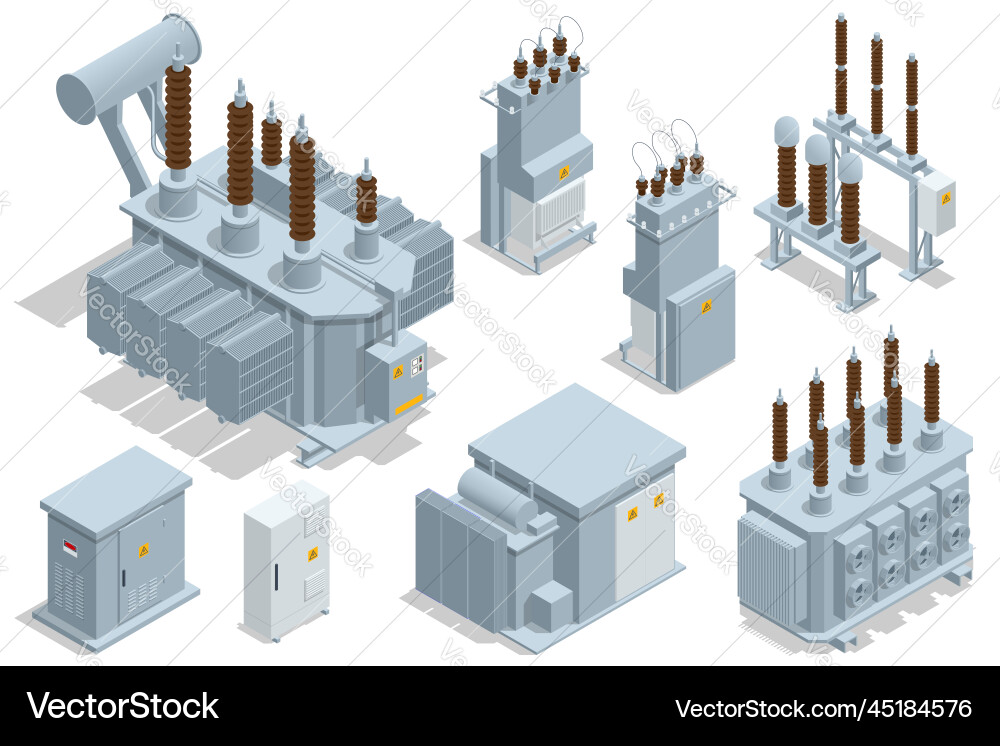 Isometric transformer electric energy factory Vector Image