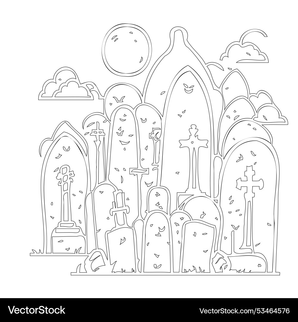 Scary graveyard outline sketch Royalty Free Vector Image