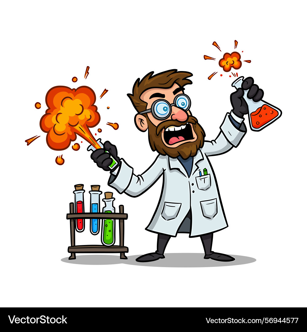 A mad scientist clipart with exploding flasks Vector Image