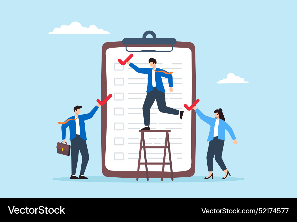 Businessman coworkers assist to put checkmark Vector Image Businessman coworkers assist to put checkmark Vector Image