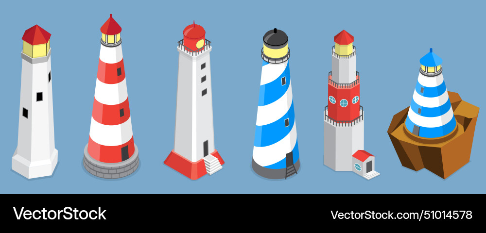 3d isometric flat set of lighthouses Royalty Free Vector