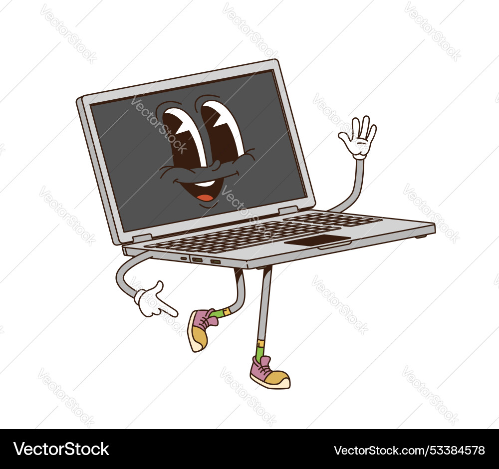Cartoon groovy laptop computer retro character Vector Image