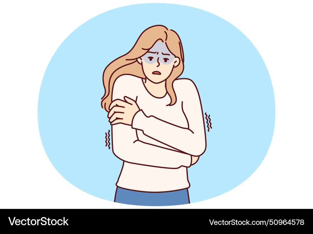 Freezing woman hugging shoulders trying to keep Vector Image