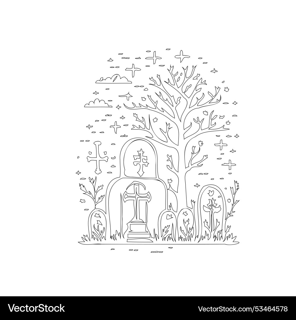 Scary graveyard outline sketch Royalty Free Vector Image