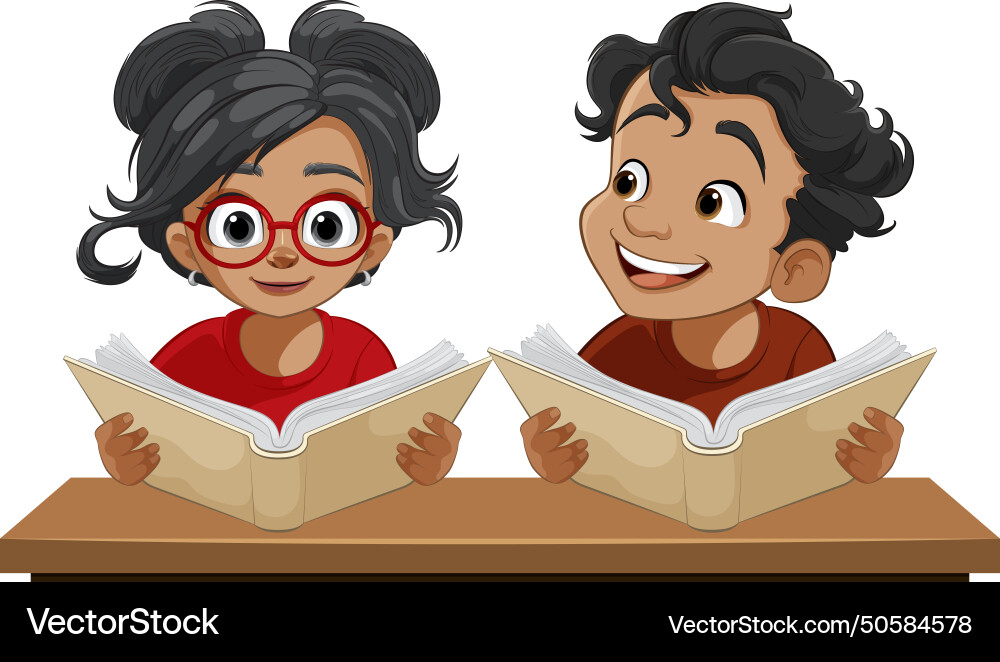 Two kids happily reading books at a table Vector Image