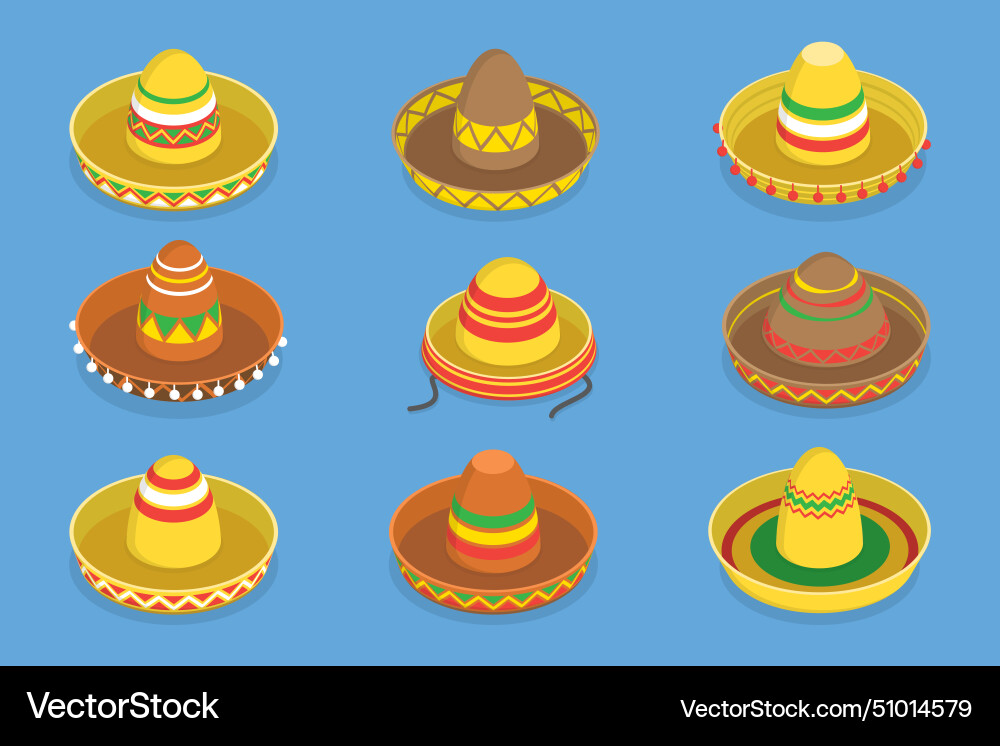 3d isometric flat set of mexican hats Royalty Free Vector