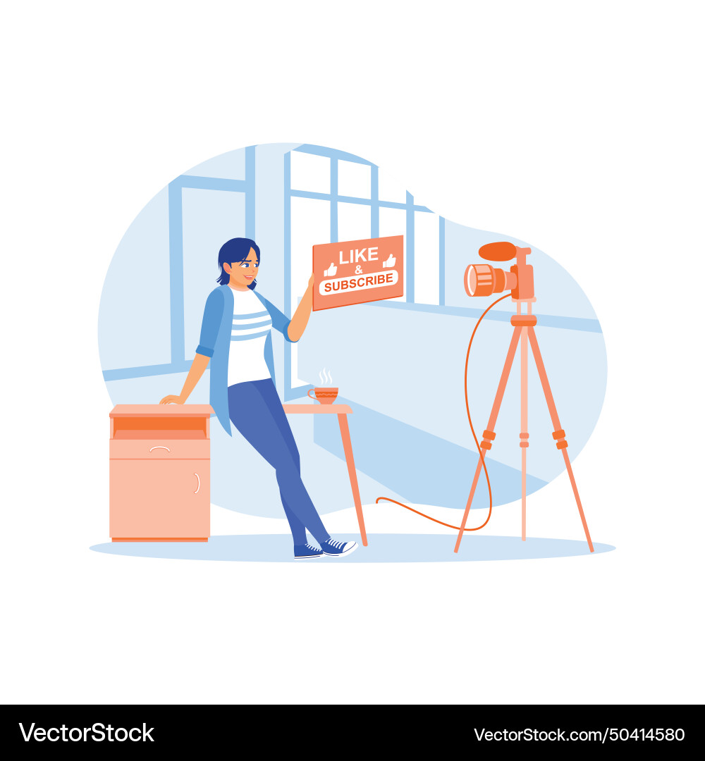 Beautiful female vlogger recording video using Vector Image