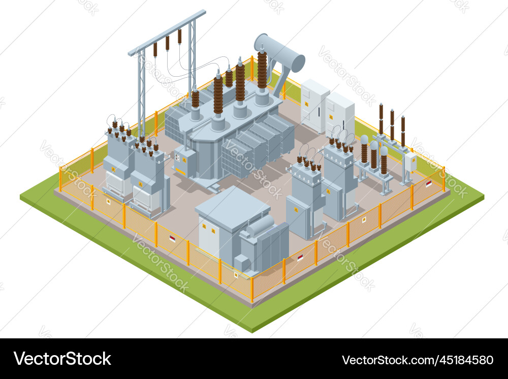 Isometric transformer electric energy factory Vector Image