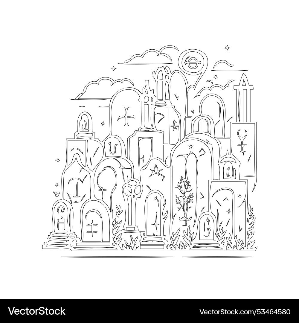 Scary graveyard outline sketch Royalty Free Vector Image