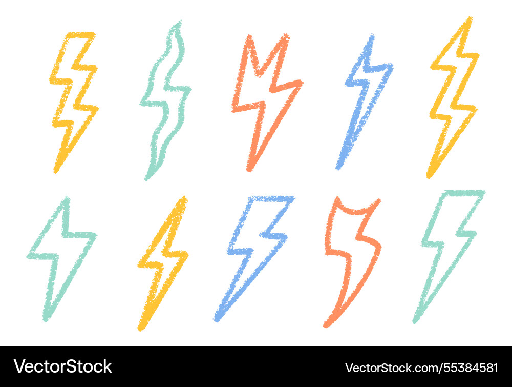 Crayon lightning bolt set chalk scribble Vector Image